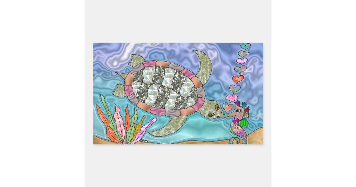 Psychedelic Sea Turtle Seahorse Art Rectangular Sticker | Zazzle