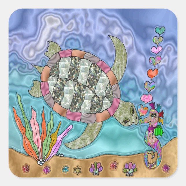 Psychedelic Sea Turtle Seahorse Art Square Sticker | Zazzle