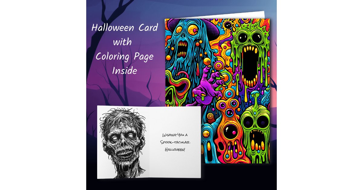 Psychedelic Zombies Halloween and Coloring Page Card | Zazzle