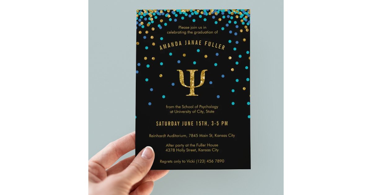 Psychology Graduation Invitation Blue & Gold Psi | Zazzle