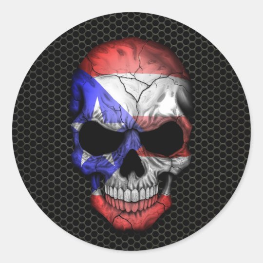 Puerto Rican Flag Skull on Steel Mesh Graphic Classic Round Sticker ...