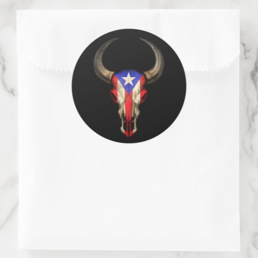 Puerto Rico Flag Bull Skull on Black Classic Round Sticker | Zazzle