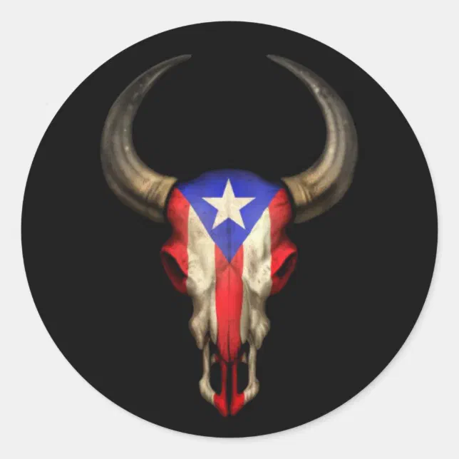 Puerto Rico Flag Bull Skull on Black Classic Round Sticker | Zazzle