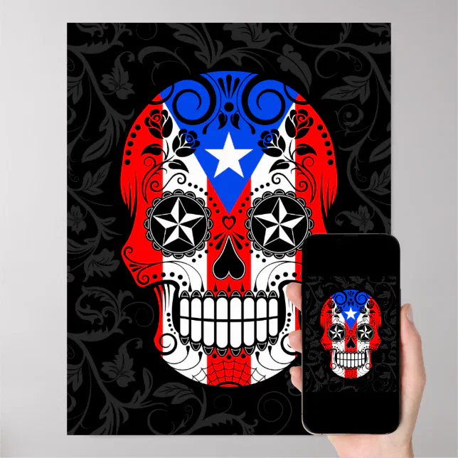 Puerto Rico Flag Sugar Skull with Roses Poster | Zazzle