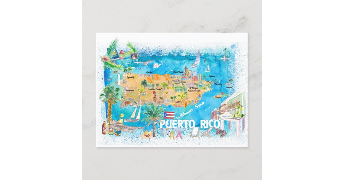 Puerto Rico Islands Illustrated Travel Map Postcard | Zazzle