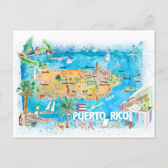 Puerto Rico Islands Illustrated Travel Map Postcard | Zazzle