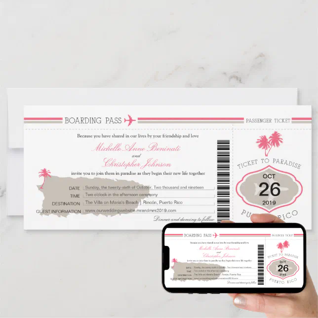 Puerto Rico Palm Tree Wedding Boarding Pass Invitation | Zazzle