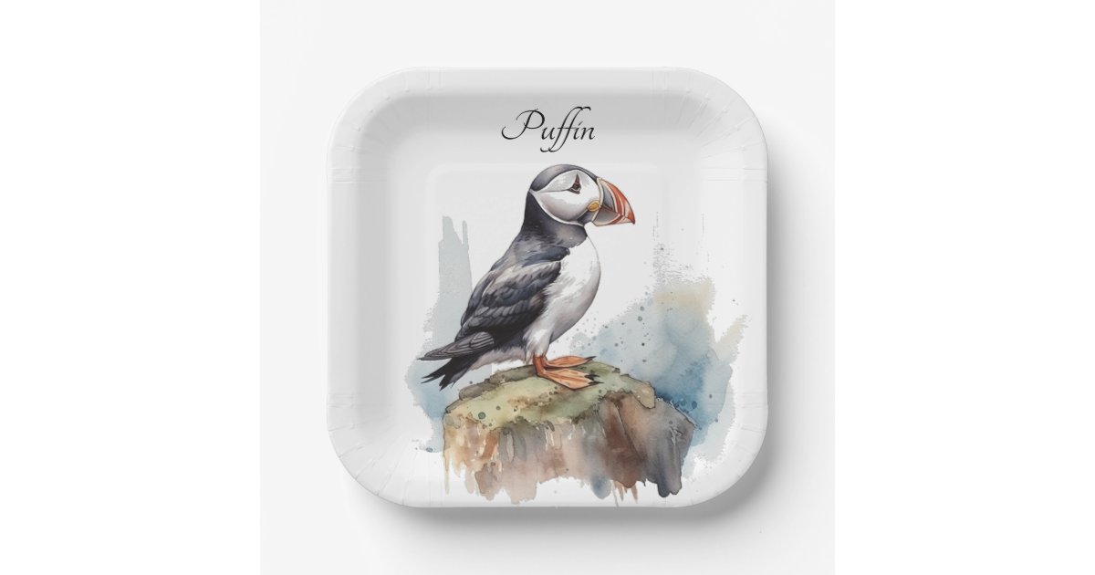 Puffin on a Rock Watercolor, custom Paper Plates | Zazzle