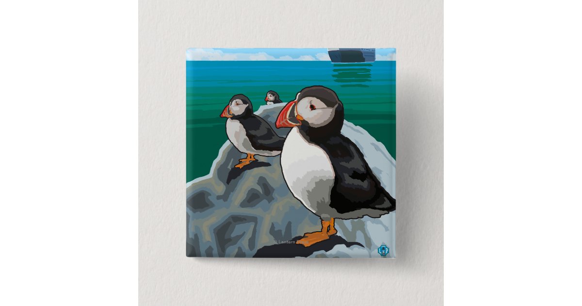 Puffins watching a Cruise Ship Button | Zazzle