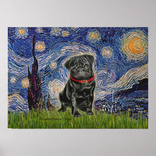 Pug 13 (black) - Starry Night Poster | Zazzle