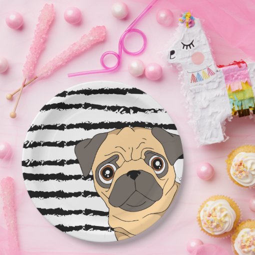 Pug black white pattern design paper plates | Zazzle