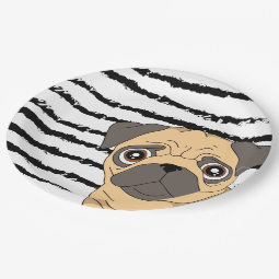 Pug black white pattern design paper plates | Zazzle