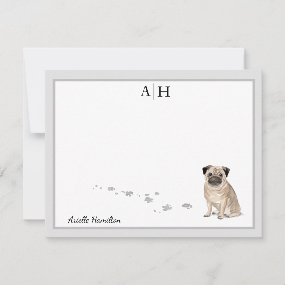 Pug Dog Gray Border Monogram Personalized Custom Note Card | Zazzle