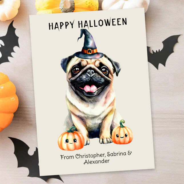 Pug Dog Happy Halloween Holiday Card | Zazzle