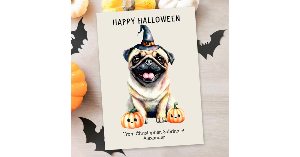 Pug Dog Happy Halloween Holiday Card | Zazzle