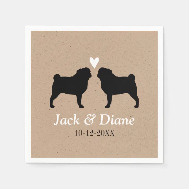 Pug Dog Silhouettes Wedding Couple Custom Paper Napkins | Zazzle