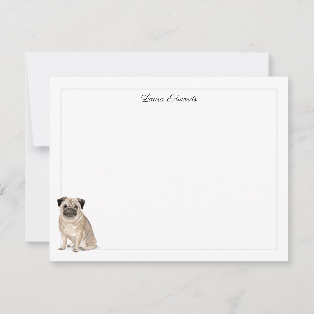 Pug Gray Border Personalized Stationery Note Card | Zazzle