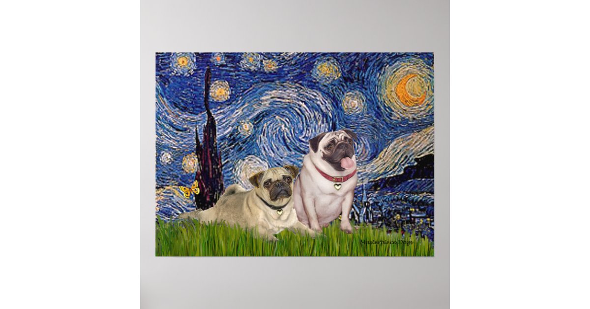 Pug Pair (fawn) - Starry Night Poster | Zazzle