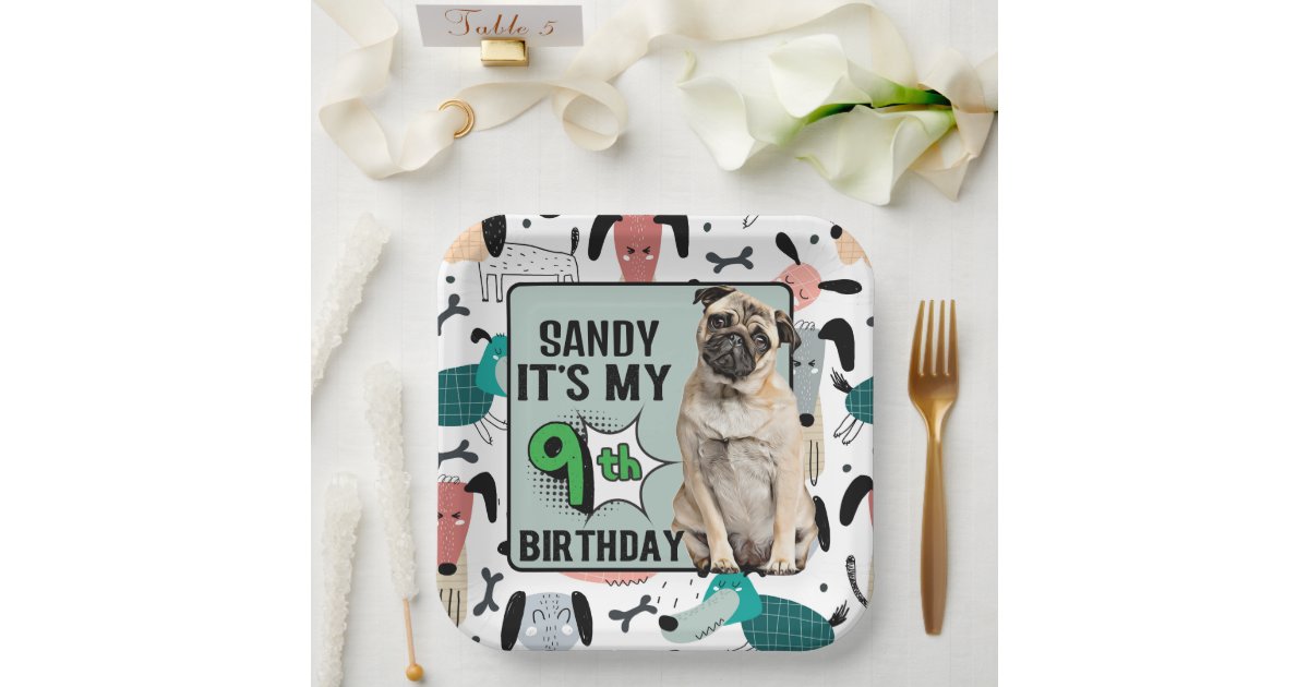 Pug Personalized 9th birthday party Paper Plates | Zazzle
