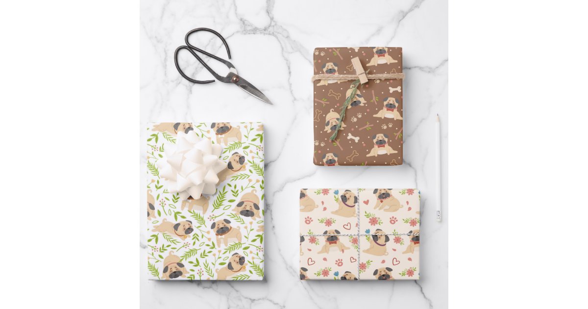 Pug Puppy Dog Wrapping Paper Set of 3 | Zazzle