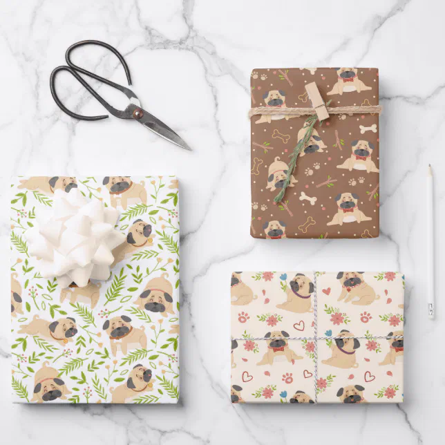 Pug Puppy Dog Wrapping Paper Set of 3 | Zazzle