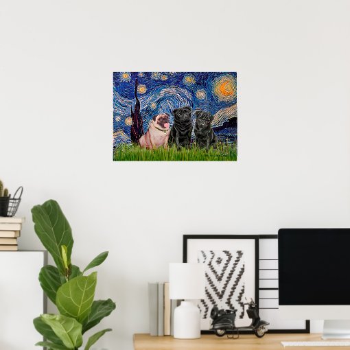 Pug Trio (1F,2B) - Starry Night Poster | Zazzle