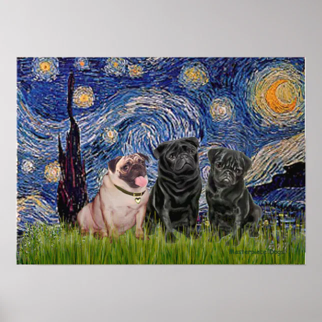 Pug Trio (1F,2B) - Starry Night Poster | Zazzle