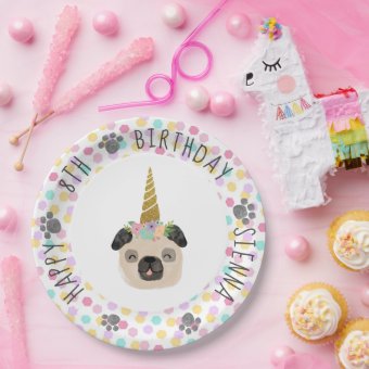 Pug Unicorn Birthday Party Paper Plates | Zazzle