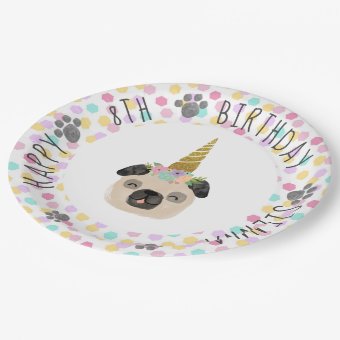 Pug Unicorn Birthday Party Paper Plates | Zazzle
