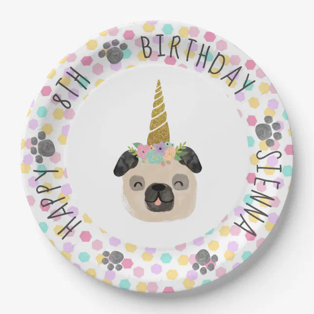 Pug Unicorn Birthday Party Paper Plates | Zazzle