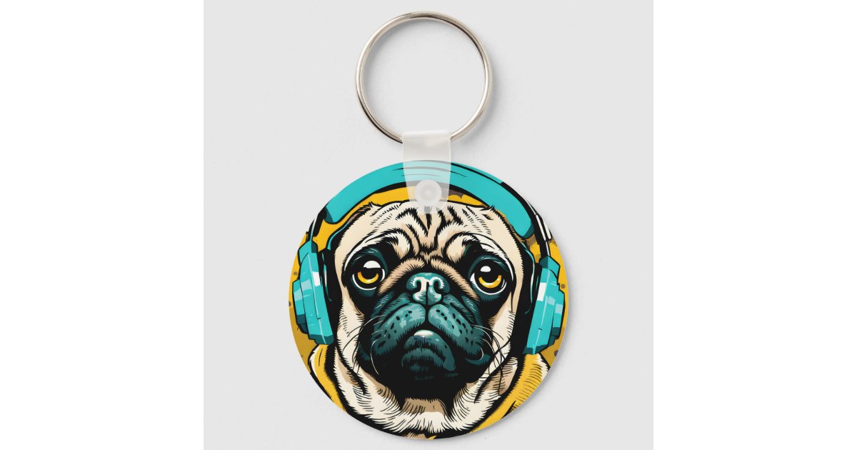 Pug wearing headphones keychain | Zazzle