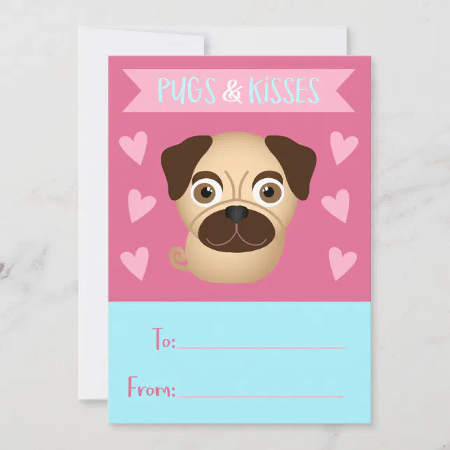 Pugs and Kisses Kid's Valentine Holiday Card | Zazzle