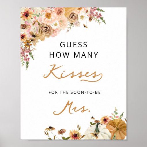 Pumkin Fall How Many Kisses Bridal Shower Game Poster | Zazzle