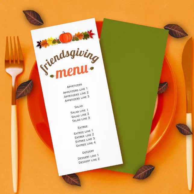 Pumpkin, acorns and fall leaves Friendsgiving menu | Zazzle