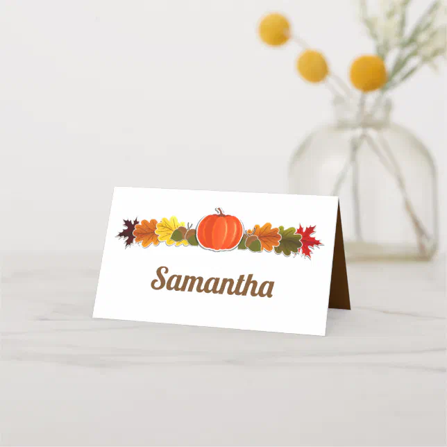 Pumpkin, acorns and fall leaves Thanksgiving Place Card | Zazzle