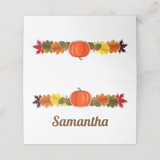 Pumpkin, acorns and fall leaves Thanksgiving Place Card | Zazzle