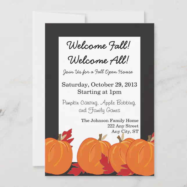 Pumpkin and Leaves on Black Fall Invitation | Zazzle