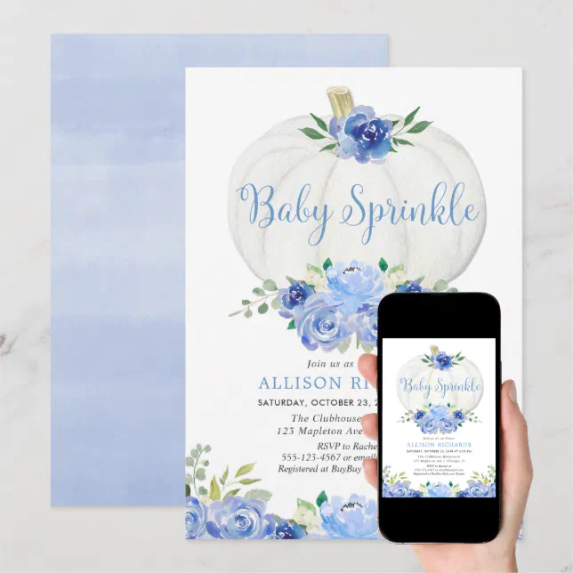 Pumpkin baby sprinkle blue white boy baby shower invitation | Zazzle