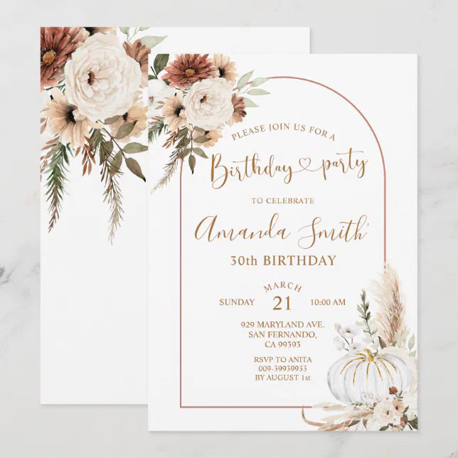 Pumpkin Boho Arch Birthday 30th Dinner Party Invitation | Zazzle