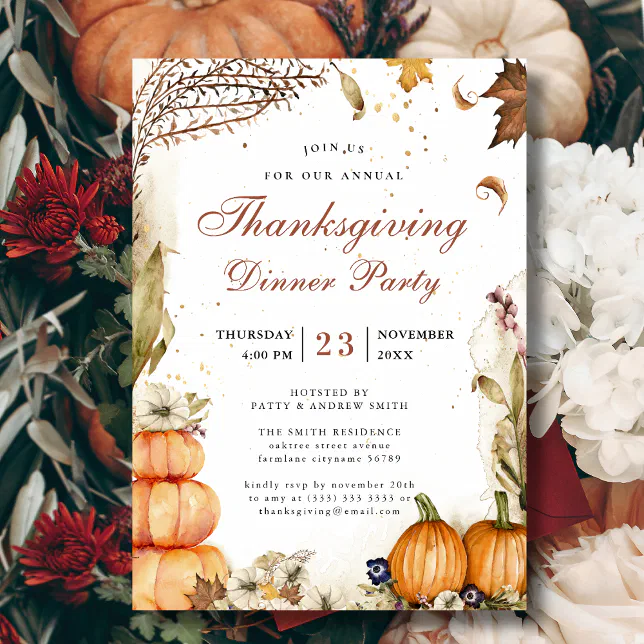 Pumpkin Botanical Autumn Thanksgiving Dinner Party Invitation | Zazzle