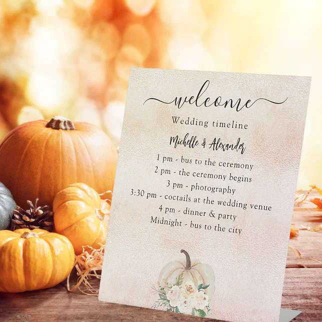 Pumpkin cream blush fall wedding program timeline pedestal sign | Zazzle