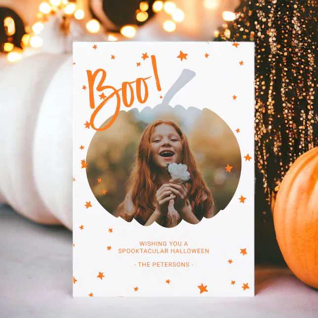 Pumpkin cut out boo Halloween white orange photo Card | Zazzle