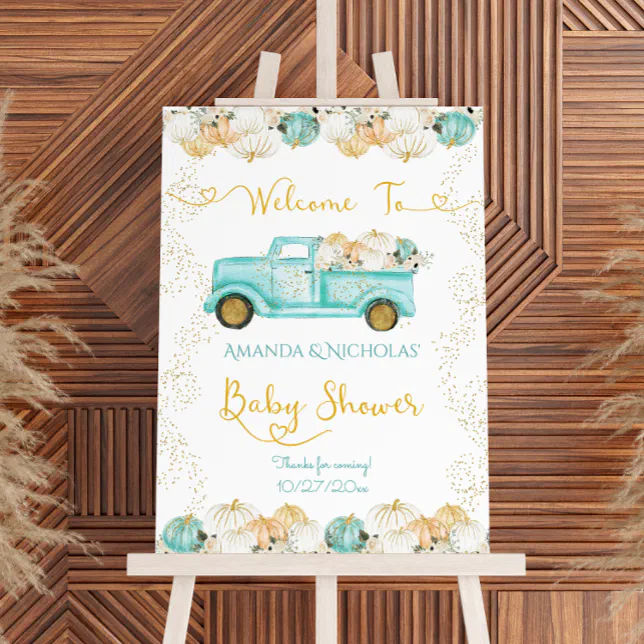 Pumpkin Cute Mint Green Baby Shower Welcome Sign | Zazzle
