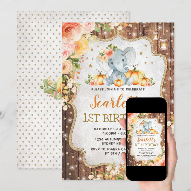 Pumpkin Elephant Birthday Party Fall Autumn Floral Invitation | Zazzle