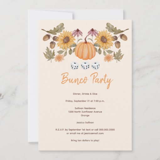 Pumpkin Fall Floral Autumn Dice Bunco Party Invitation | Zazzle