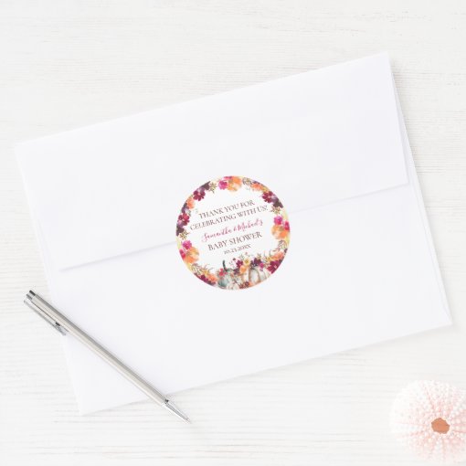 Pumpkin Fall Floral Baby Shower Thank You Classic Round Sticker | Zazzle