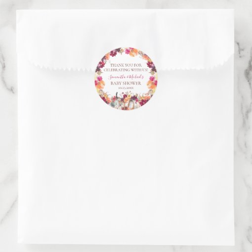 Pumpkin Fall Floral Baby Shower Thank You Classic Round Sticker | Zazzle
