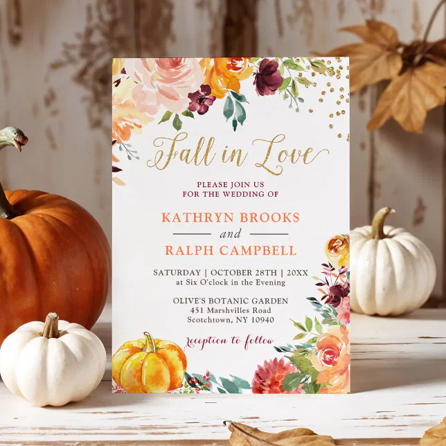 Pumpkin Fall in Love Botanical Floral Gold Wedding Invitation | Zazzle