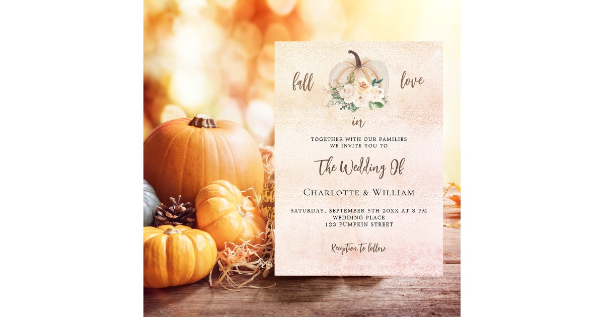 Pumpkin fall in love cream blush wedding invitation postcard | Zazzle