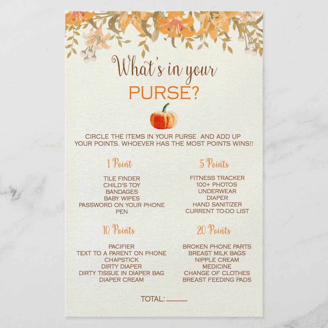 Pumpkin Fall What's in Your Purse Baby Shower Game Flyer | Zazzle